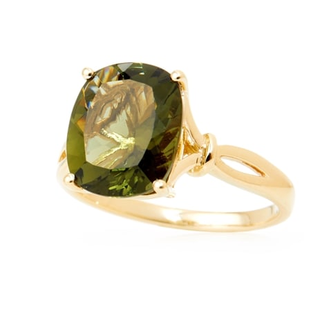3.3ct Moldavite Cushion Solitare Ring 9ct Yellow Gold - TVSN