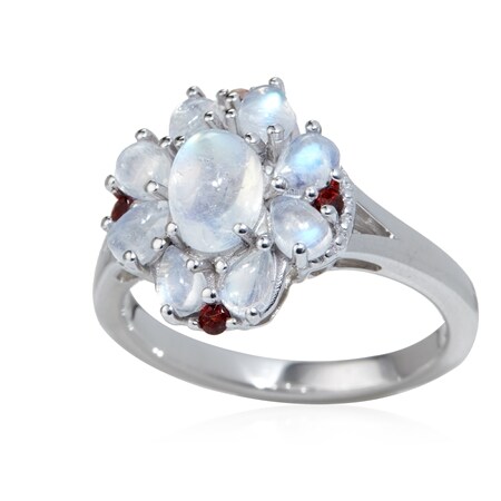 TVSN - 2.5ct Rainbow Moonstone & Red Garnet Ring Sterling Silver