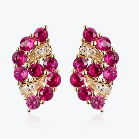 0.82ct Burmese Ruby & Dia. Cluster Earrings 9ct Yellow Gold - TVSN