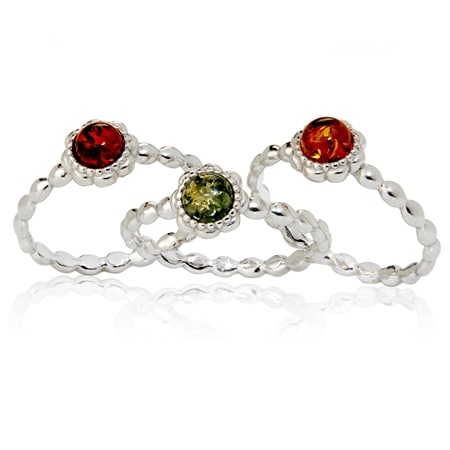 TVSN - Baltic Amber Set of 3 Stacker Multi-Amber Rings SS