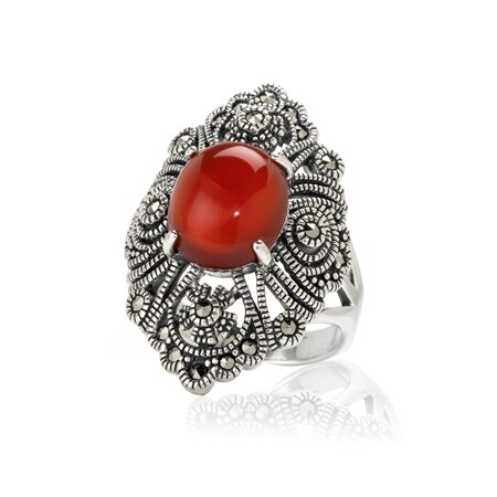 0.3ct Marcasite & Red Agate Oval Ring Sterling Silver - TVSN
