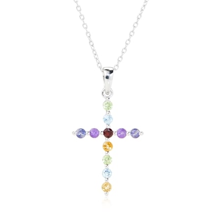 TVSN - 0.7ct Rainbow Gems Cross Pendant 50+5cm Chain Sterling Silver