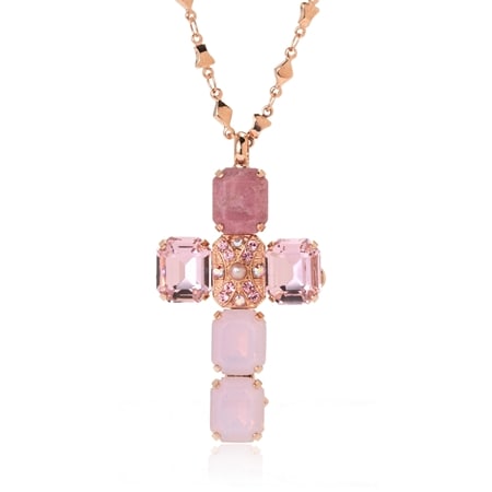 Mariana Crystals & Rose Quartz Crystal Cross Pendant 72cm Chain 18ct ...