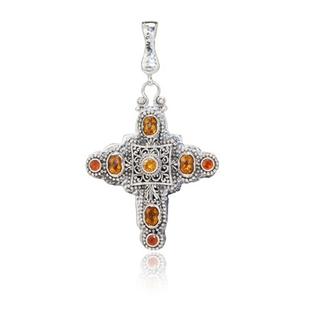TVSN - Sarda Hammered Citrine & Garnet Cross Pendant Sterling Silver