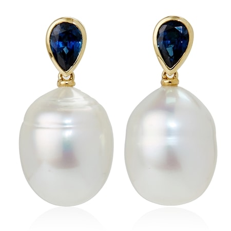 TVSN - Matahina 11-12mm Australian White SS Pearl & Sapphire Earrings ...