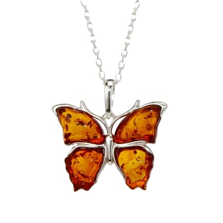 Baltic Amber Butterfly Pendant 50cm Sterling Silver - TVSN