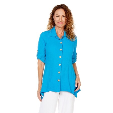 TVSN - Hailey Lyn Button Front Curved Hem Tab Sleeve Pebbled Fabric