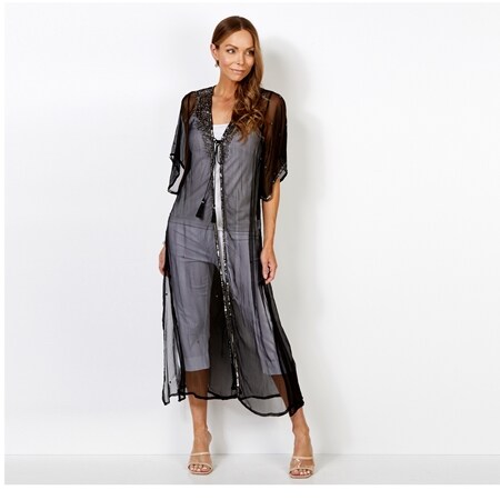 TVSN - Caju Design Floaty Long Jacket w/Beads & Tassel Tie