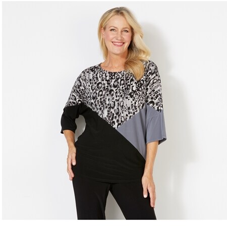 TVSN - Nina Leonard Dolman 3/4 Sleeve Jewel Neck Block Print Top