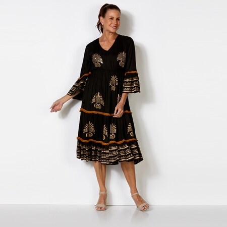 TVSN - Caju Design Dress with Block Print & Beaded Trims