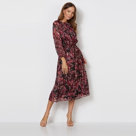 TVSN - Parker & Rowe Ditsy Floral Midi Dress with Gold Fleck Self Belt
