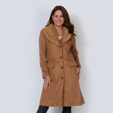 Bella Loren Faux Fur Collar Embroidered Longline Coat - TVSN