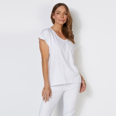 Cafe Latte V-Neck Drop Shoulder Tee with Longer Back - TVSN